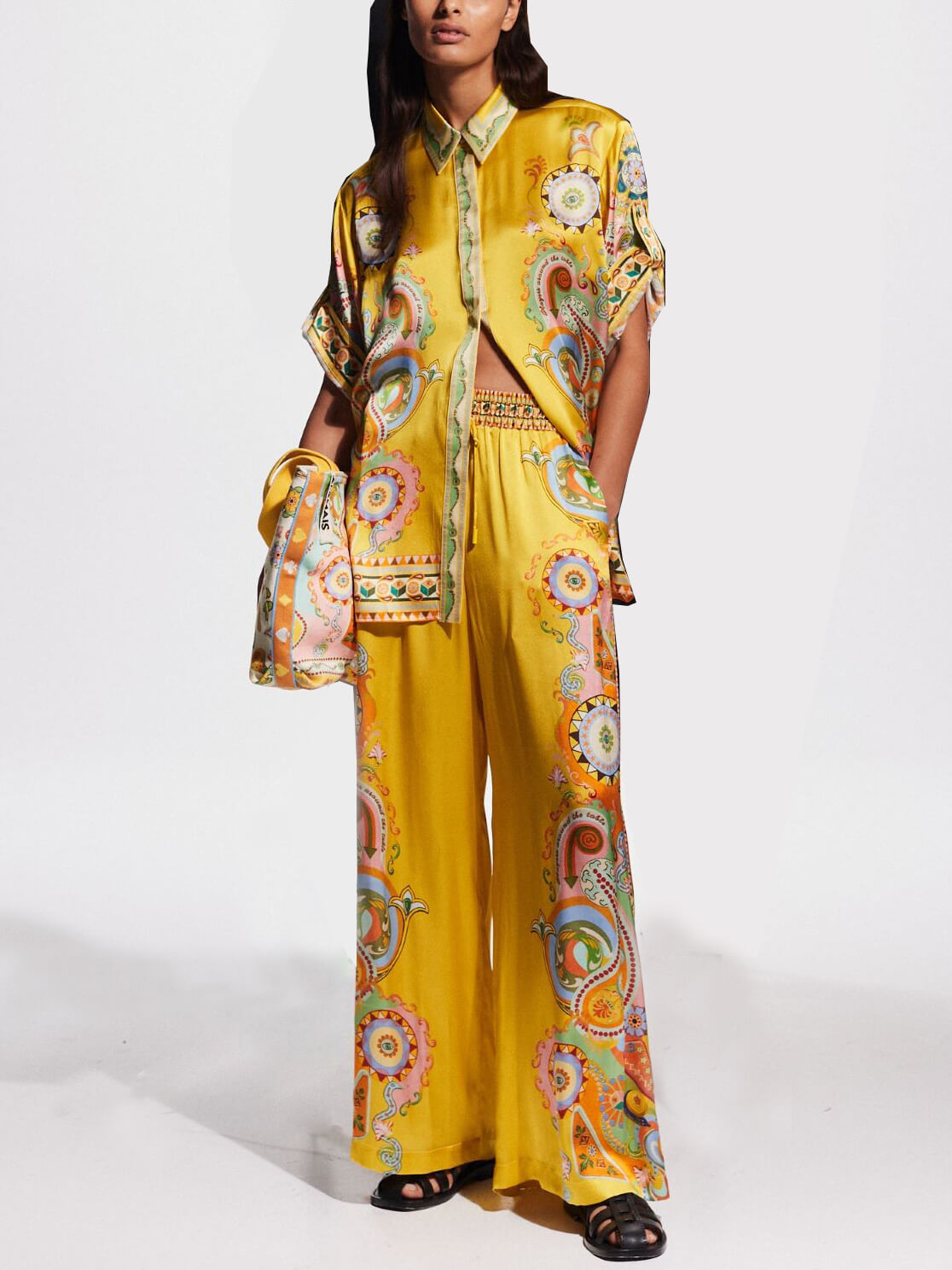 Sophisticated Satin Unique Cashew Flower Print Button Oversized Two-Pi ...