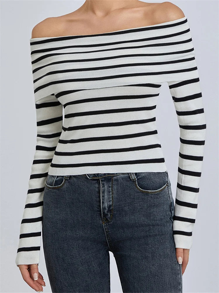 Long Sleeve Slash Neck Off-shoulder Slim Fit Striped Print Lady Fall ...